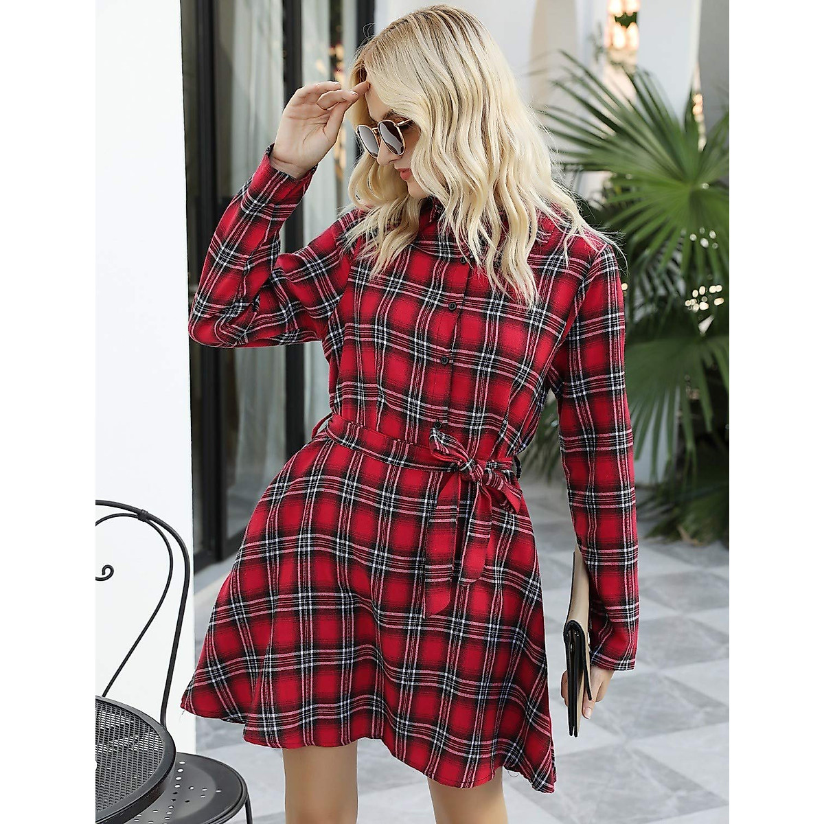 FANCYINN Womens Christmas Plaid Dresses Flannel Button Down Long Sleeve Shirt Dress Winter Casual Dresses Mini Dress with Pockets Red & White & Black L