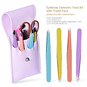Eyebrow Tweezers Set,Precision Tweezers for Women Eyebrow Grooming Kit with Eyelash Applicator Tool Face Hair Removal Scissors 7pcs in PU Case