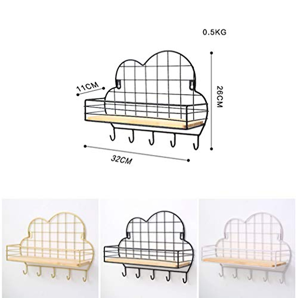 NUOBESTY Floating Shelves Cute Cloud Shape Wall Mount Organiser Wall Storage Rack Sundries Organizer for Living Room Kitchen Bathroom Home Decoration (Golden)
