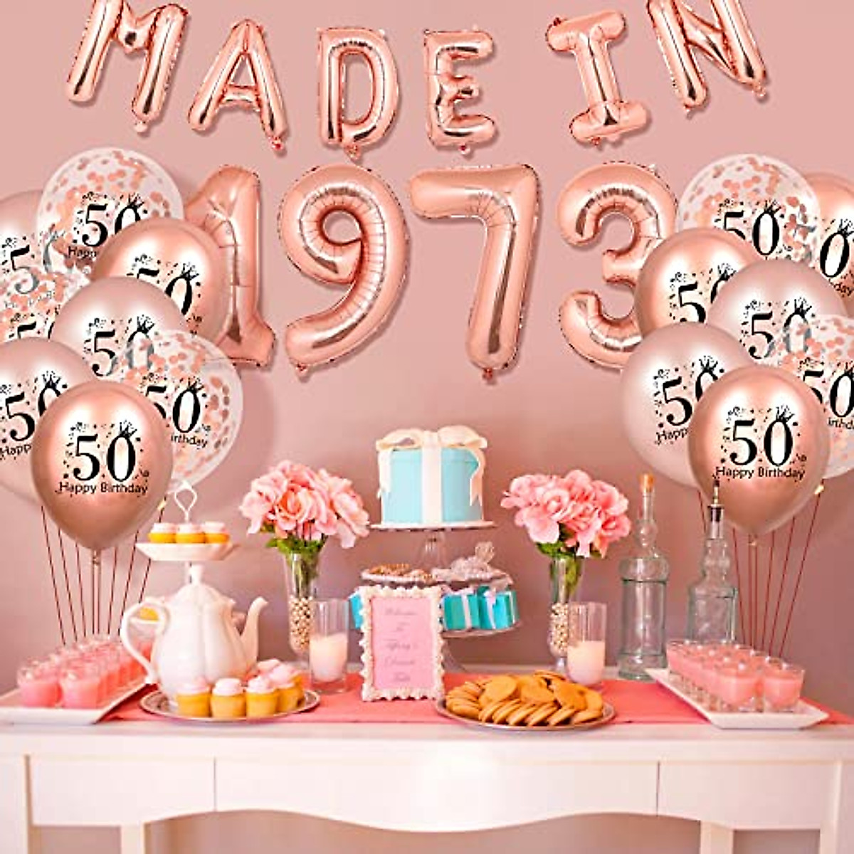 Rose Gold 50th Birthday Decorations Set 15 Pcs Rose Gold Happy 50th Birthday Latex Balloons and Large Made in 1973 Foil Balloons Banner Backdrop for Women Fifty Year Old Birthday Party Decor Supplies