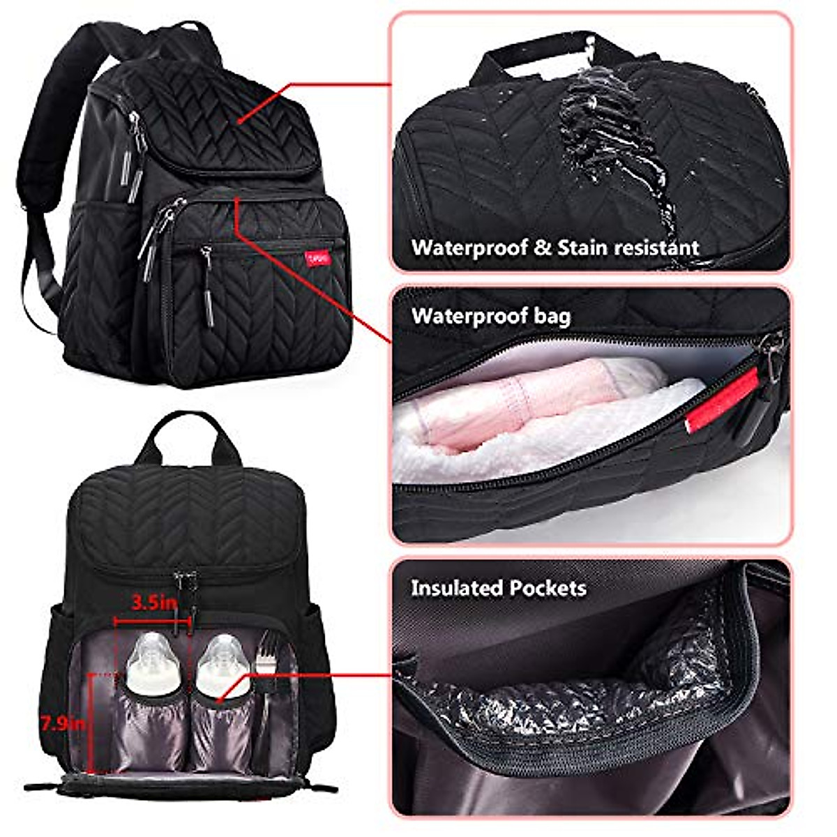 Diaper Bag Backpack, Tebio Multi-Function Large Capacity Waterproof Travel Backpack Nappy Bags, Gifts for Dad, Mom-Black