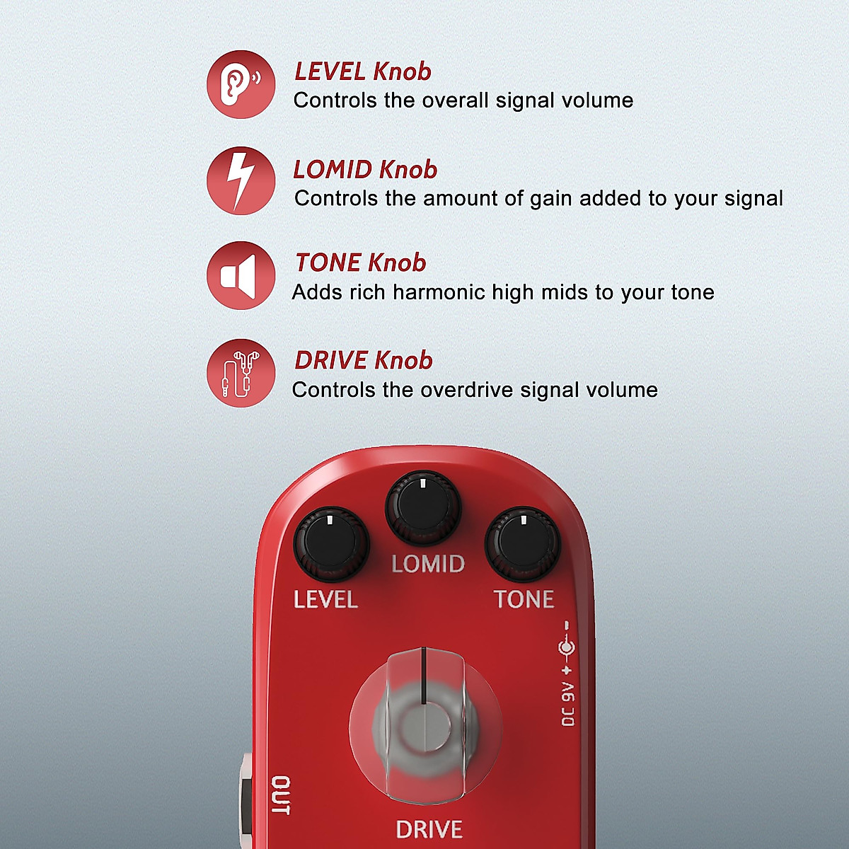 AZOR Vintage Distortion Guitar Effect Pedal with Guitar Pedal Power Cable Classical Electronic Pedal Aluminium-alloy Red
