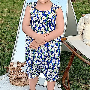 Qwent Romper for Toddler Girls Baby Rustic Floral Pattern Print Suspender Romper Jumpsuit Playsuit Holiday (Blue, 2-3 Years)