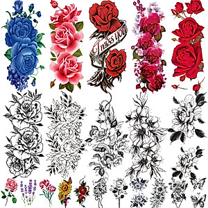 Jeefonna 21 Sheets Flowers Temporary Tattoos for Women, Waterproof Fake Tattoos Rose Peony Body Art Arm Tattoo Stickers for Women, Girls