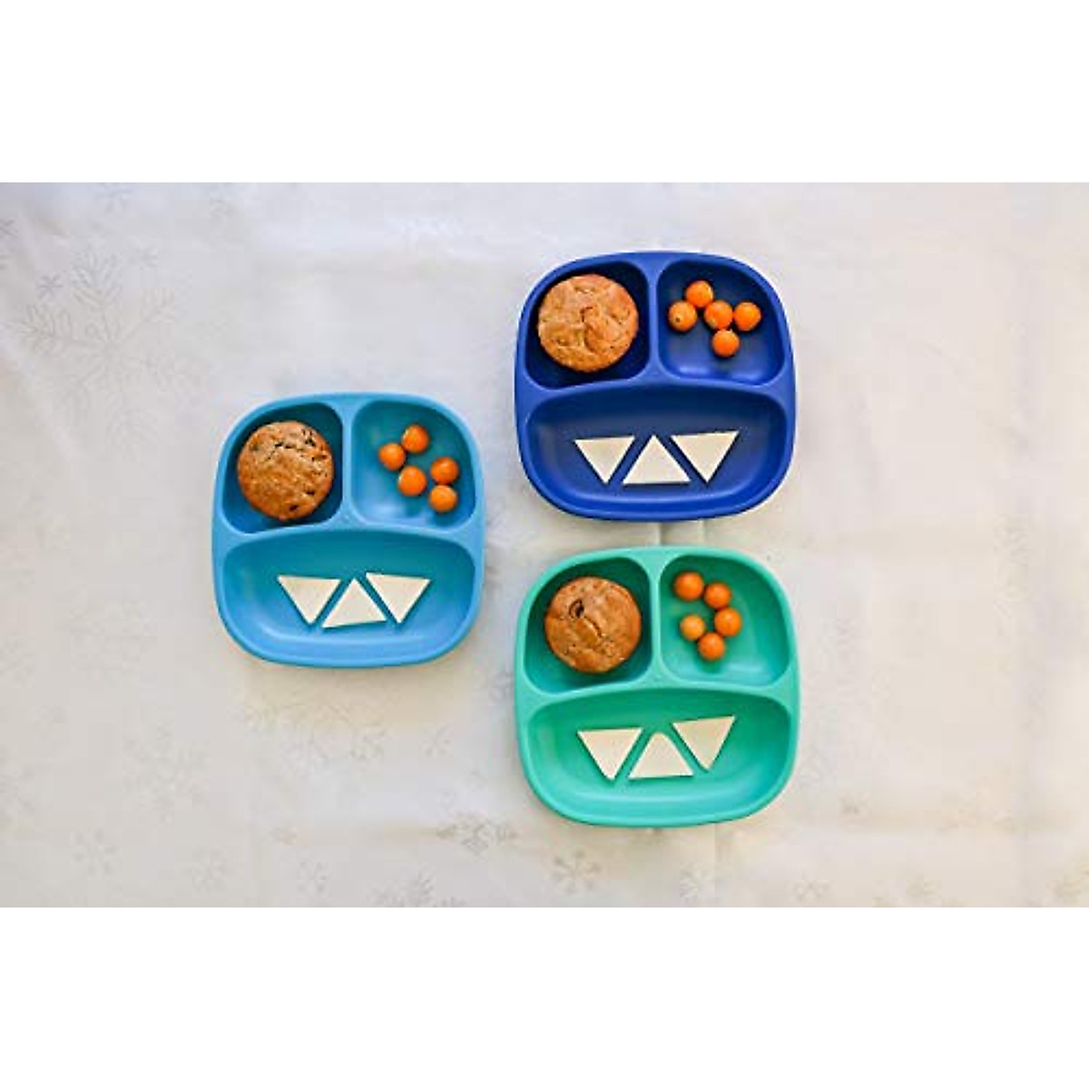 Re Play 7" Divided Toddler 3 Pack Plates with Deep Sides and Three Compartments for Easy Self Feeding | BPA Free | Dishwasher Safe | A True Blue