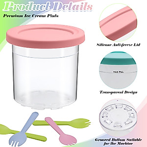 6 Pack Replacement Pint and Lid with Fork, SPOKKI Pint Containers with Silicone Lids, Compatible with Ninja Creami NC301 NC300s NC299AMZ Series, Airtight & Dishwasher Safe