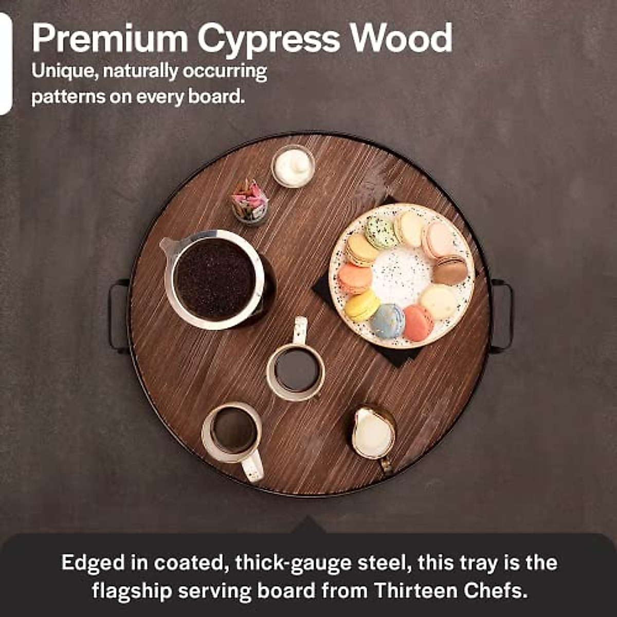 Thirteen Chefs Wine Barrel Inspired Serving Tray and Charcuterie Board with Handles, 20" Round Wood Platter, Farmhouse Style