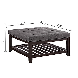 24KF Large Square Upholstered Tufted Linen Ottoman Coffee Table, Large Footrest Ottoman with Solid Wood Shelf-Dark Gray