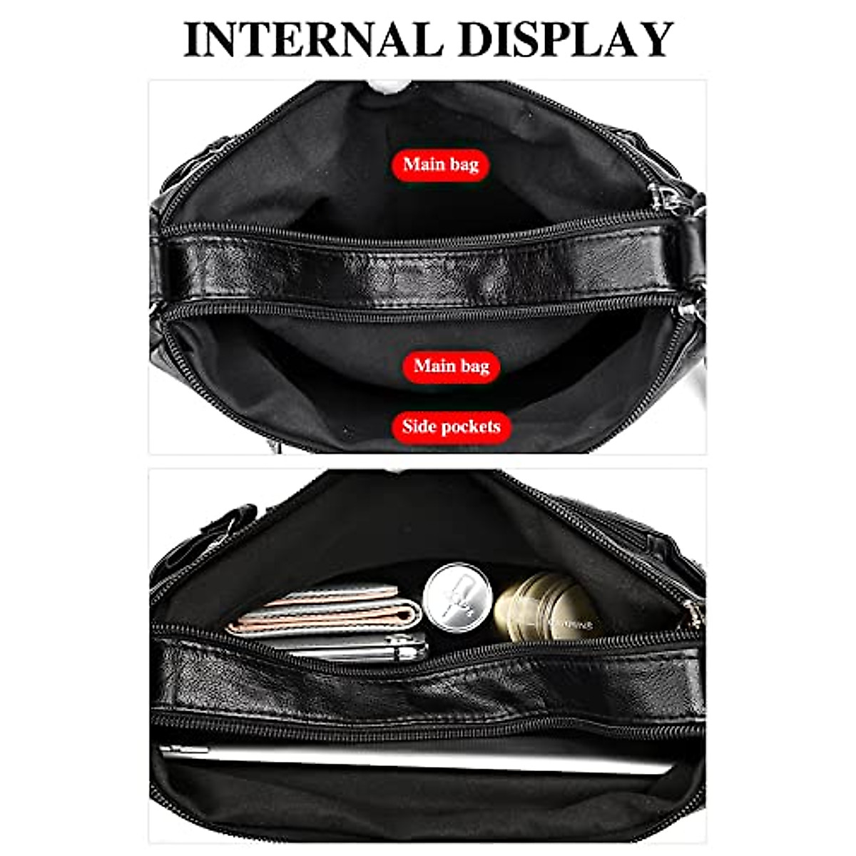 WITERY Crossboby Bag for Women - Soft PU Leather Multi-Pocket Shoulder Bag Handbag with Adjustable Strap, Vintage Ladies Medium Roomy Travel Purses Zipper Hobo Tote Bag(Black)