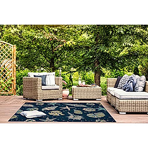 GAD Great American Distributors Sanibel Premium Indoor Outdoor Area Rug Accented Island Seaside Seashell Aquatic Marine Life Design Navy Blue/Gray (5'3"x7'7")