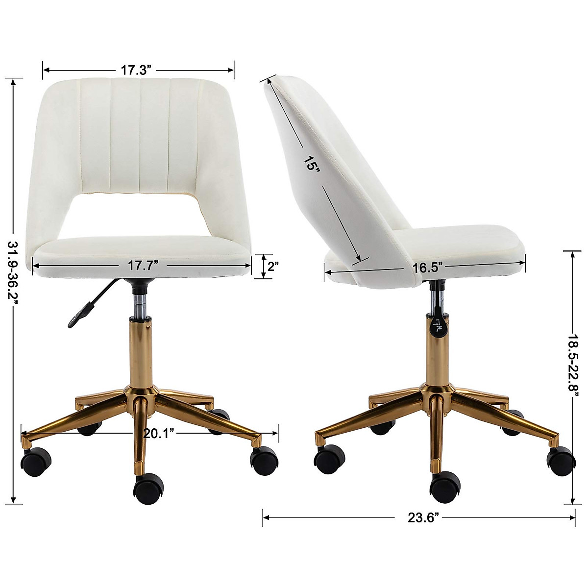 DM Furniture Velvet Office Desk Chair with Wheels, Mid Back Modern Home Office Chair Small and Cute for Bedroom, White with Gold Base