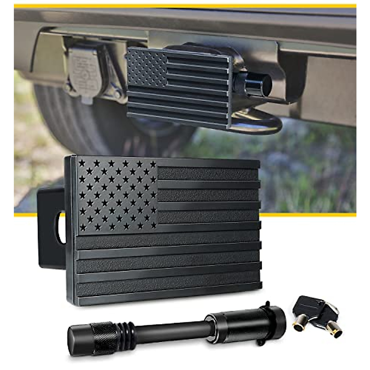 LUMENIX Aluminum Tow Trailer Hitch Cover Heavy Duty 2" Inch Receivers Plug Covers w/Locks, Black USA American U.S. Flag Metal Emblem Guard Compatible with Pickup Trucks Ford Toyota SUV
