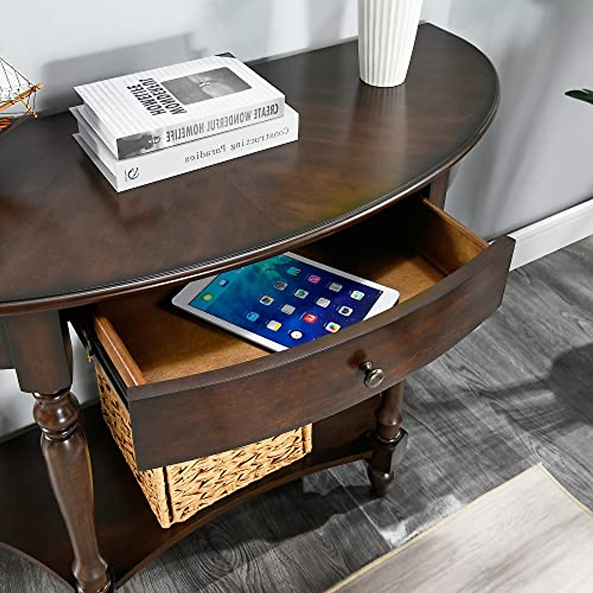 MODERION Solid Wood Console Table with Drawer, Semi-Circle Entryway Table with Storage Shelf, Half-Moon Traditional Elegant Vintage Sofa Table for Living Room, Small Space, Retro Walnut SFZ12233DC