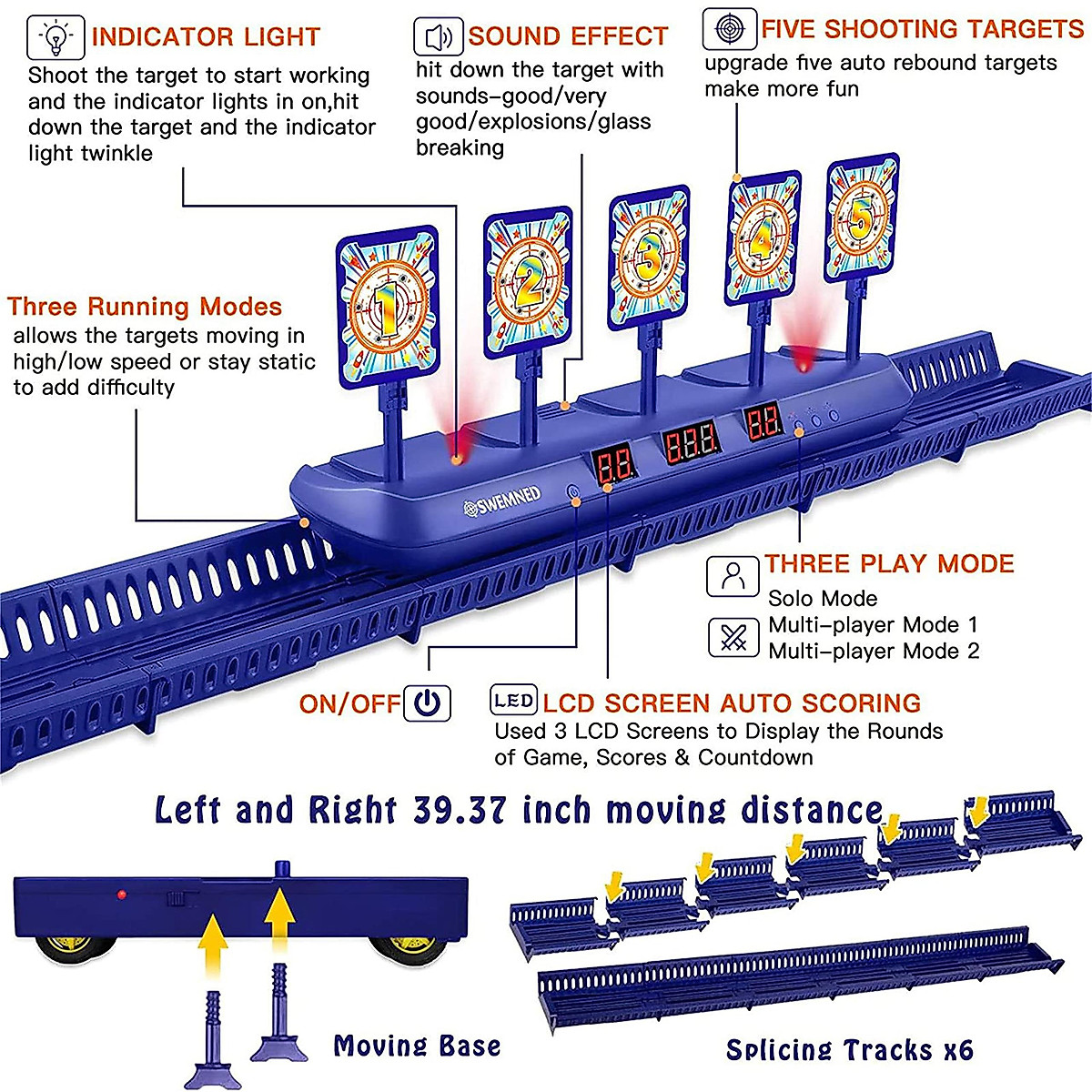 SWEMNED Running Shooting Targets for Nerf Gun Practice,Upgrade 5 Targets Auto Reset /3 Game Mode Electronic Scoring Digital Moving Target, Ideal Gift Toy for Age 6,7,8,9,10,12,13+ Year Old Kid/Boys
