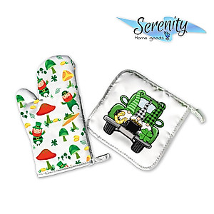 St Paddys Day | Saint Patricks Day | Spring Decorative Kitchen Hot Plate Pot Holder Oven Mitt Set | Leprechaun Shamrock Clover Green Gold Gnome | Cute Decoration