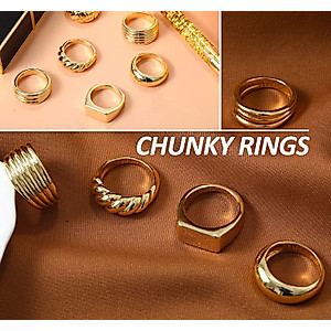 WFYOU 6PCS 18K Gold Plated Thick Dome Chunky Rings for Women Braided Twisted Signet Chunky Gold Ring Set Minimalist Statement Ring Jewelry Size 5-10