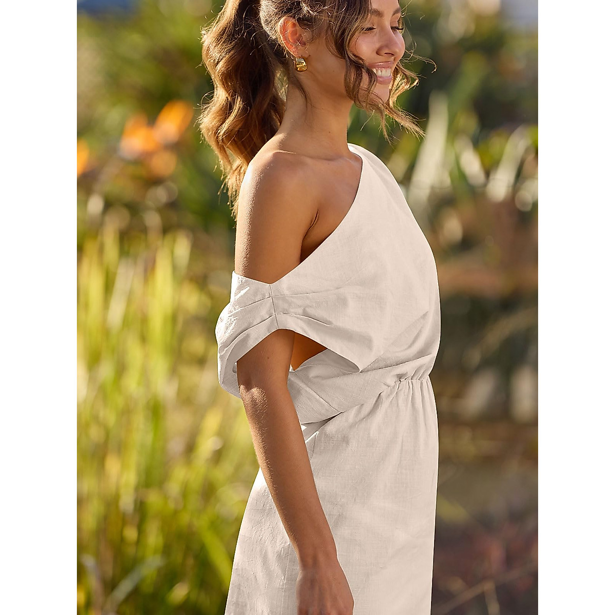 LILLUSORY Summer Dresses for Women 2023 Trendy A-Line One Sleeve Ladies Dresses Vacation Beach Dress Beige S