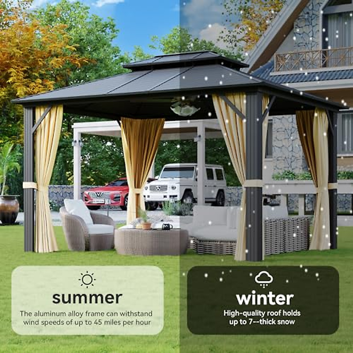 Aoxun 12' X 20' Hardtop Gazebo, Galvanized Steel Double Top, Aluminum Metal Gazebo with Curtains and Netting, Permanent Gazebo Pavilion for Wedding, Party, Outdoor Dining