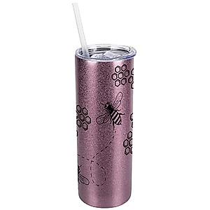 Elanze Designs Bumble Bee Hive Honeycomb Wrap-Around Design 20 Ounce Insulated Stainless Steel Coffee Travel Tumbler Mug Cup, Slide Top Lid & Reusable Straw, Rose Gold Glitter