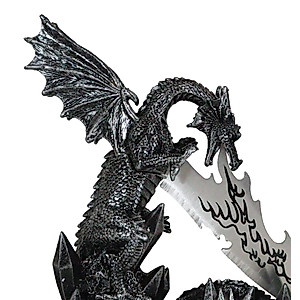 Ebros Medieval Dreamwork Fantasy Dragon Fire Breath Dagger Letter Opener Knife With Base Holder Statue Home Office Decor Figurine Dungeons And Dragons GOT Obsidian Blade