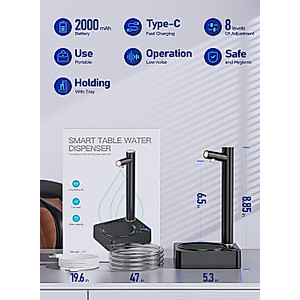 Desktop Water Dispenser,Rechargeable Desktop Water Bottle Dispenser, Portable Bedside Water Dispenser for 5 Gallon Bottle, 2000mAh Countertop Automatic Water Dispenser Water Jug Pump (Black)