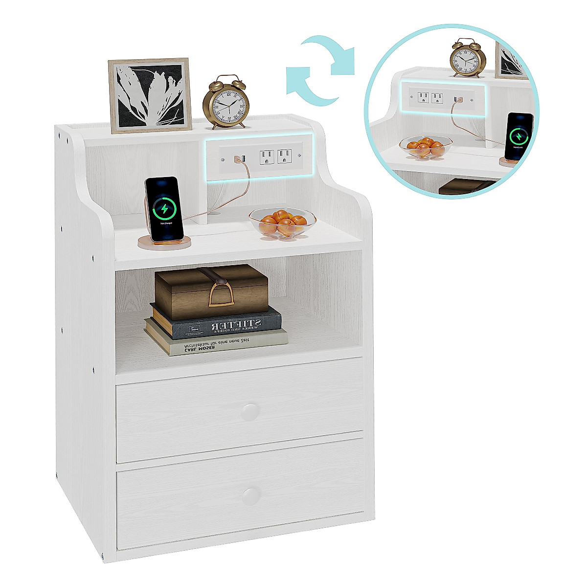 LIKIMIO White Nightstand with Charging Station 2 Drawers and Storage Shelves, Left and Right Interchangeable Sockets Bed Side Table Night Stand with Drawer
