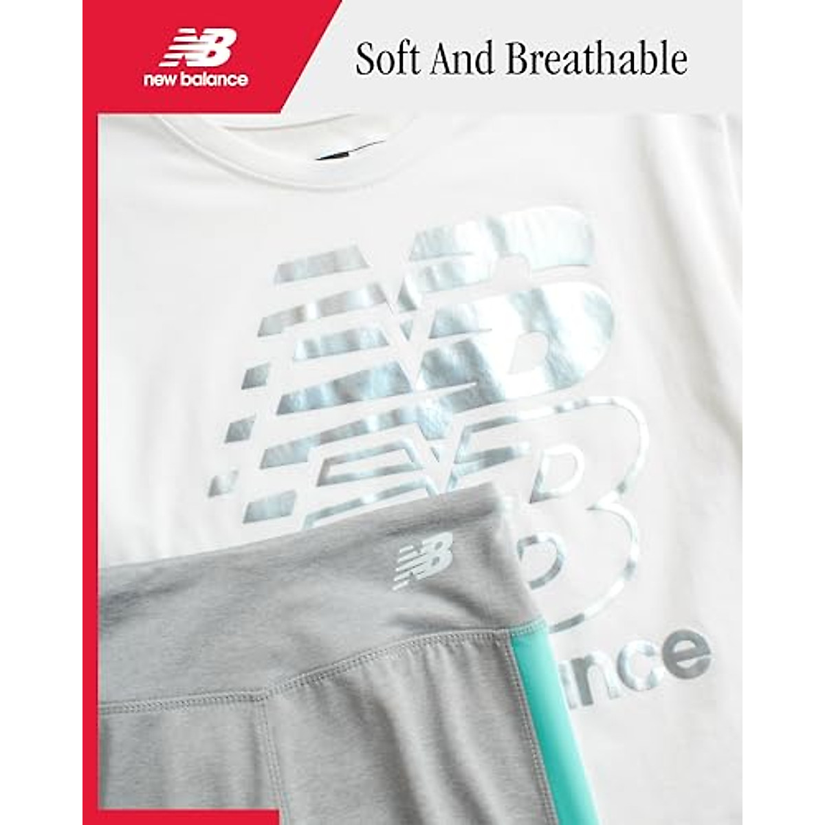 New Balance Girls' Legging Set - 4 Piece Short Sleeve T-Shirt and Leggings Set (7-16), Size 10-12, Surf/White/Grey