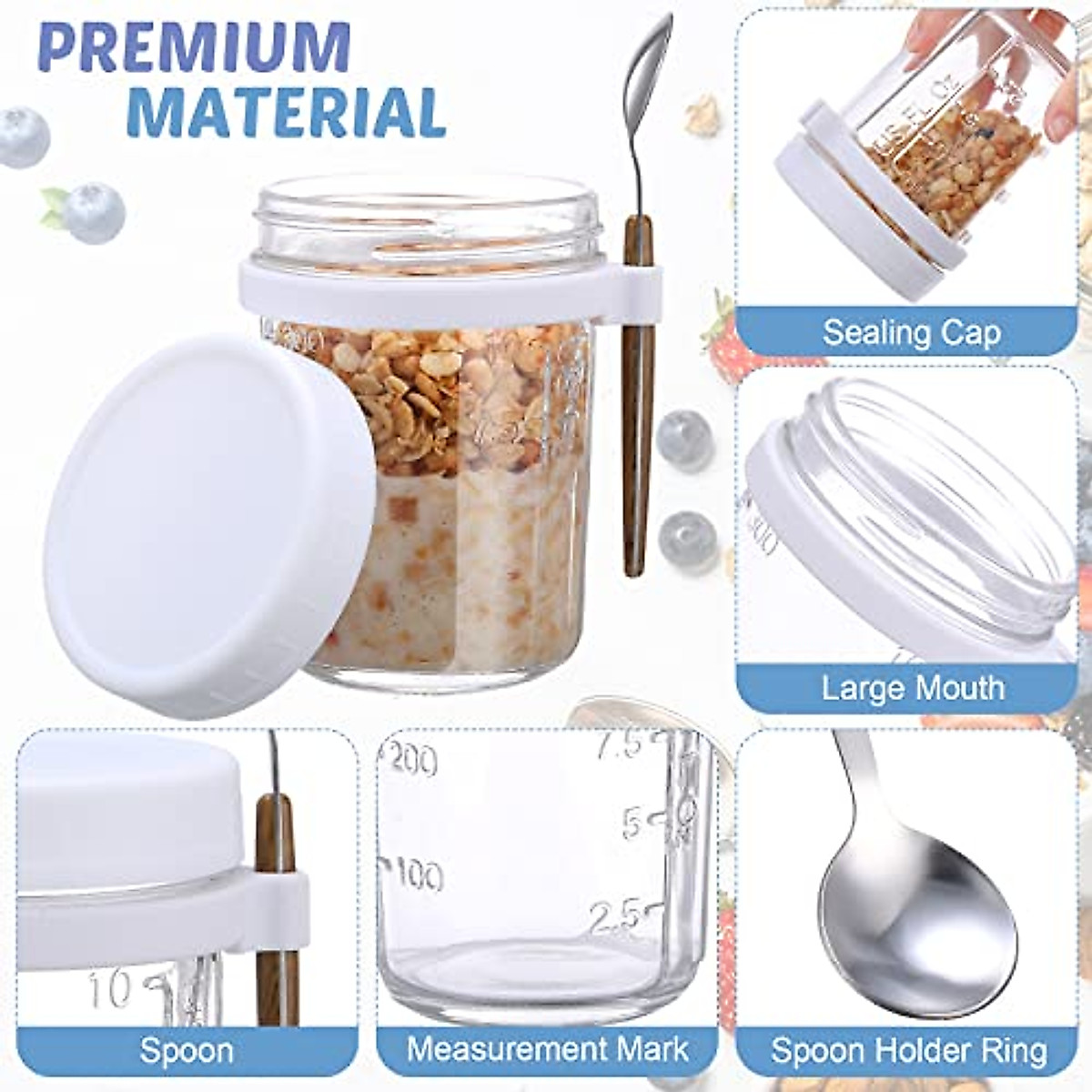 Rtteri 8 Pcs Overnight Oats Container with Lids and Spoons Overnight Oats Jars 12 oz Glass Mason Jars Portable Oatmeal Container 8 Pcs Spoons for Milk Cereal Vegetable Fruit Salad