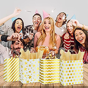 12 Pack Gift Bags with 12 Tissues,13x10.2x4.7 Inches Large Gift Bags Goodie Bags, Gold Medium Gift Paper Bags with Handles for Birthday Party Bags, Bussiness Bags, Wedding Bags, Valentines Day Christmas Gifts Bags(4 Styles)