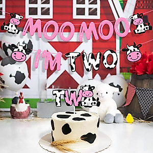 Moo Moo I’m Two Birthday Decoration Cow Theme 2nd Birthday Banner Cow Two Cake Topper Kids Boy Girl’s Happy Second Birthday Party Supplies Glitter Pink Decor