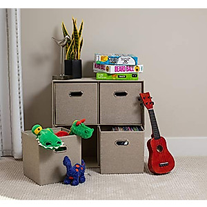 BIRDROCK HOME Cream Linen Cube Organizer Shelf with 4 Storage Bins – Strong Durable Foldable Shelf – Kid Toy Clothes Towels Cubby – Collapsible Bedroom Fabric Shelves and Cubes