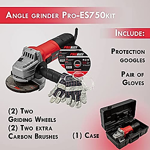 PROMAKER Angle Grinder 6.5-Amp 4-1/2 inch with Protection Googles, Pair of gloves, Two grinding Wheels, Box, Power Grinders tool with two (2) extra Carbon brushes (115mm) 750W. PRO-ES750KIT.