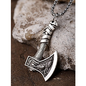 HAQUIL Viking Battle Axe Necklace, Wolf Raven Axe Amulet Pendant, Stainless Steel Box Chain, Authentic Viking Jewelry Men (AD)