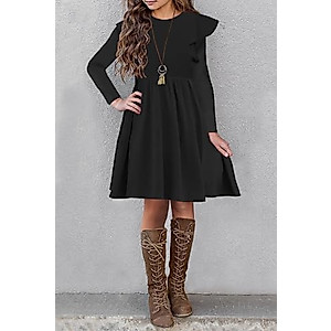 HOSIKA Girls Fall Dress Long Sleeve Ruffle Casual A-Line Midi Dress with Pocket for Kids 6-12 Years Black