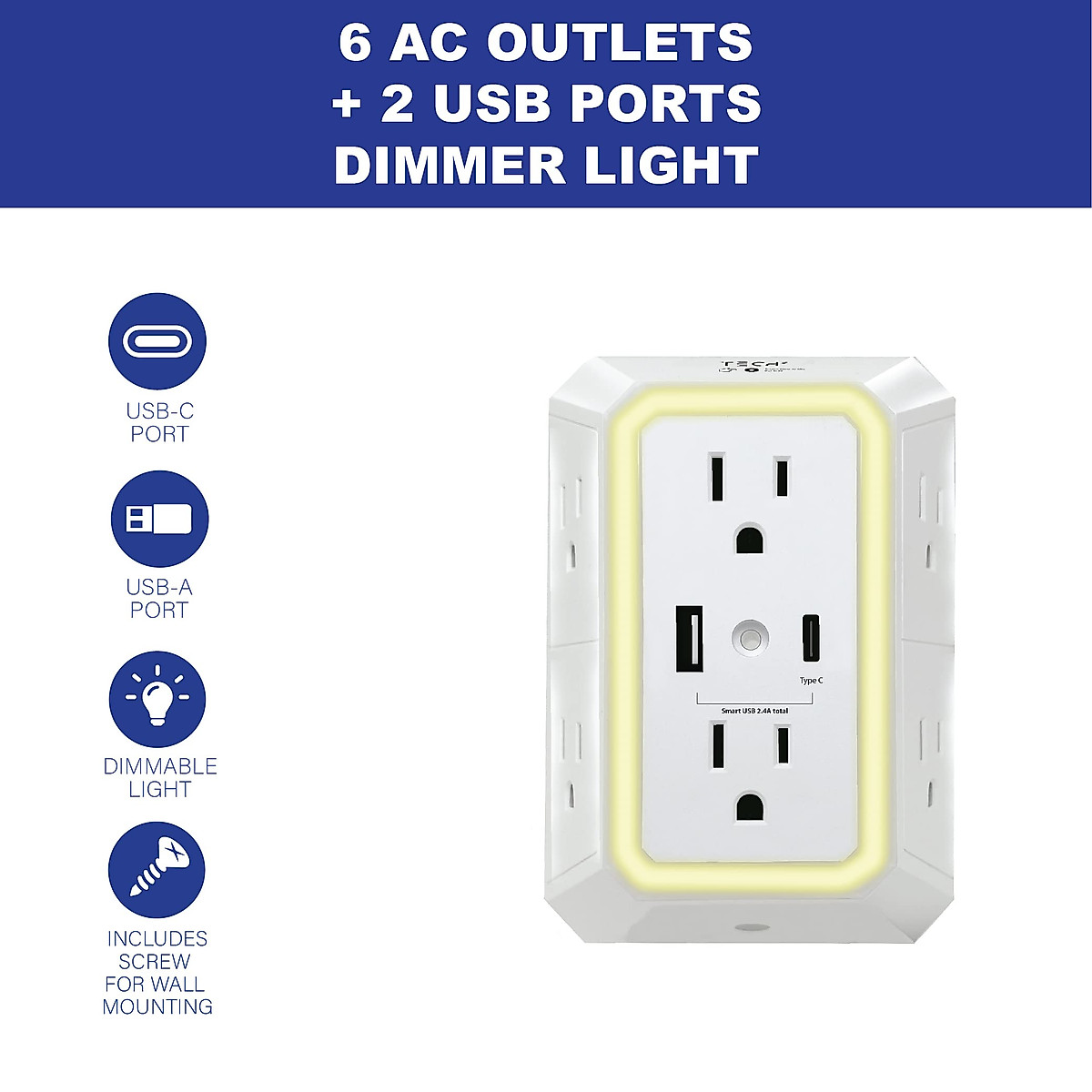 Tech2 Multi Plug Surge Protector with Night Light, 6 Outlets & 2 USB Ports A and USB C 2.4A Total, ETL Certified Adapter for Home, School, or Office