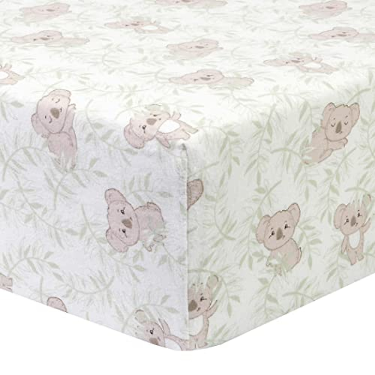 Koala Vines Deluxe Flannel Fitted Crib Sheet-Koala Scatter Print Cotton Flannel, Grays, Taupe, Sage Green, White, Fully Elasticized, 10 in Deep Pockets, Fits Standard Crib Mattress 28 in x 52 in