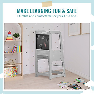 Dream On Me Explora Tower & Step Stool in Pebble Grey, Anti-Slip Base, Multipurpose Kids Step Stool, 3 Platform Heights, Chalkable Black Board