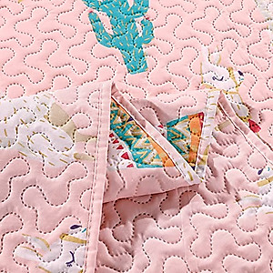 Animal Reversible Quilt Bedding Set, White Alpaca Blue Cactus Print Pink Coverlet, Microfiber Lightweight Soft Bedspreads Bedroom Decor with 2 Pillowcases for All Season
