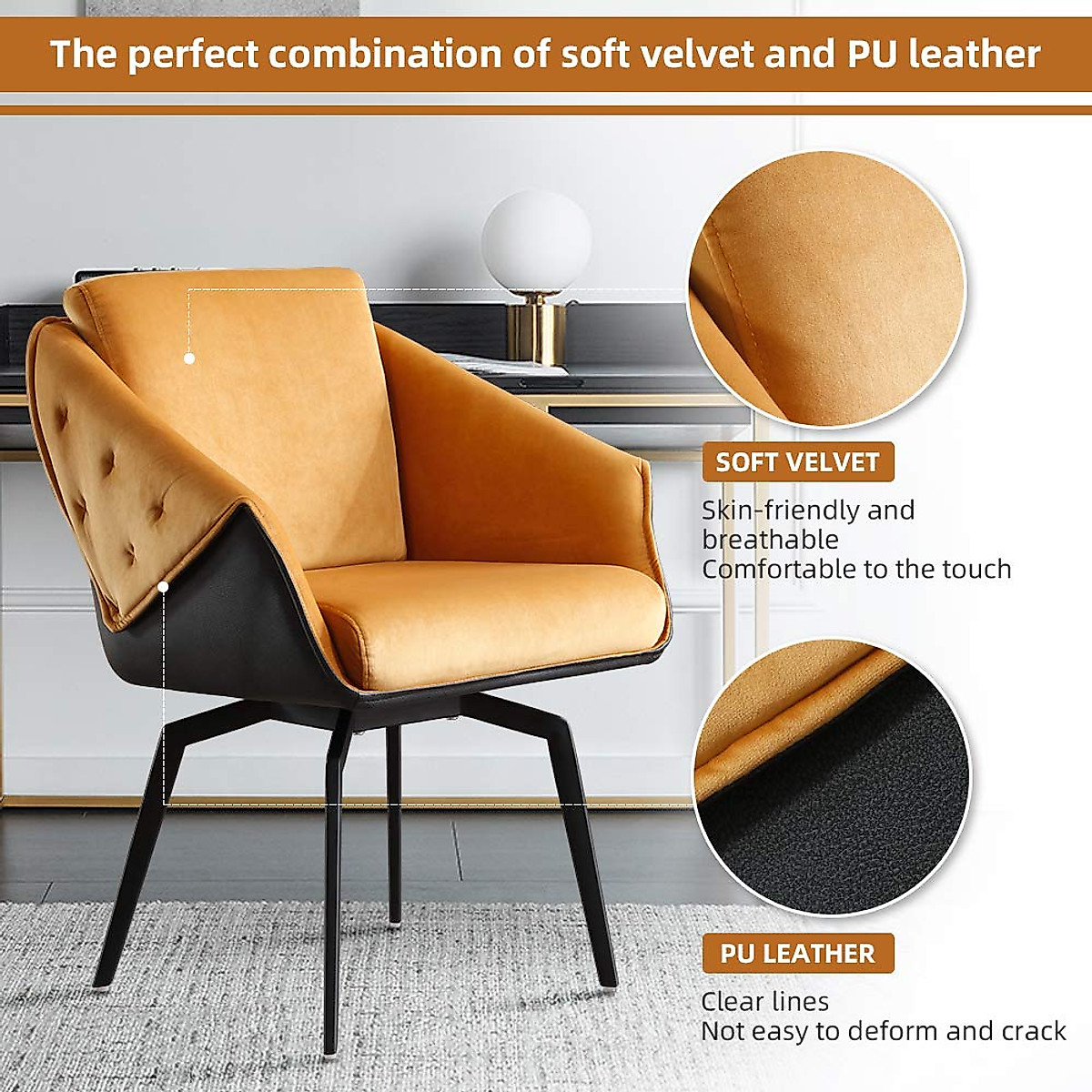 Zerifevni Antique Velvet Accent Chair with Armrest Upholstered Swivel Computer Desk Chair with Arms for Home Office Study Bedroom Armchair(Yellow)