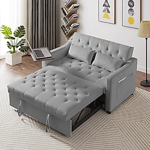Antetek 3 in 1 Convertible Sofa Bed w/360° Rotating Side Table, 53" Modern Velvet Loveseat Sofa, Sleeper Pullout Bed w/Adjustable Backrest for Living Room Apartment, Office, Small Space, Grey