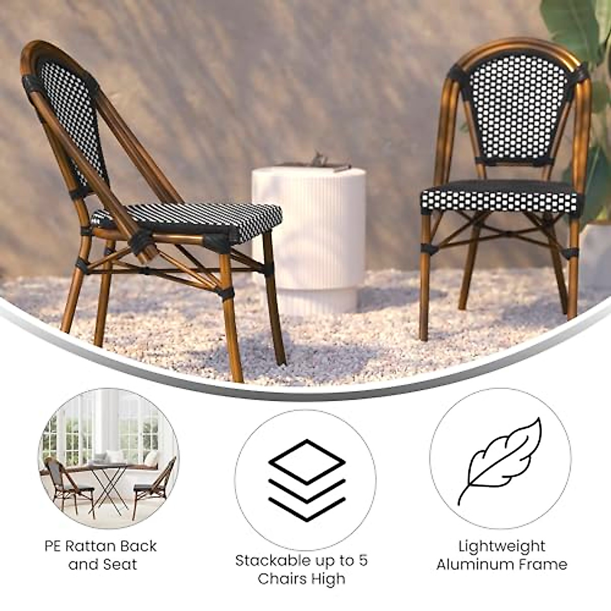 Taylor & Logan Nadia Indoor/Outdoor Stackable Bistro Chairs in Black/White PE Rattan with Bamboo Print Frame, Set of 2