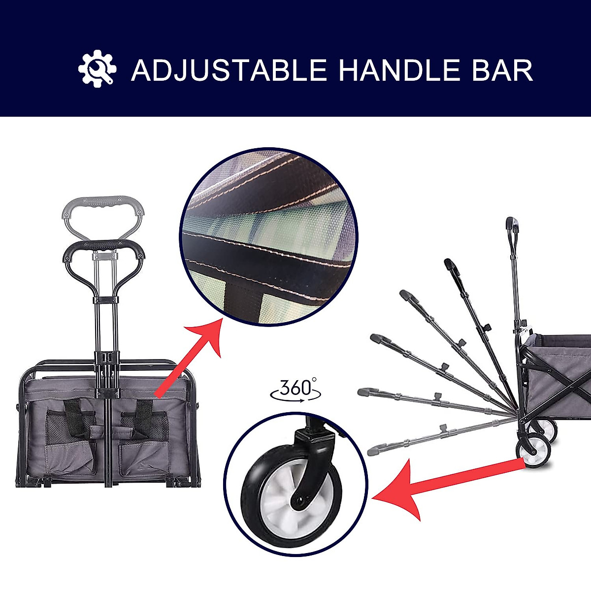 Collapsible Wagon Cart Plaid Texture in Blue and White Striped Seamless Check Plaid Graphic Foldable Utility Wagon Large Capacity Garden Cart with Push Bar for Beach Camp Outdoor Shopping