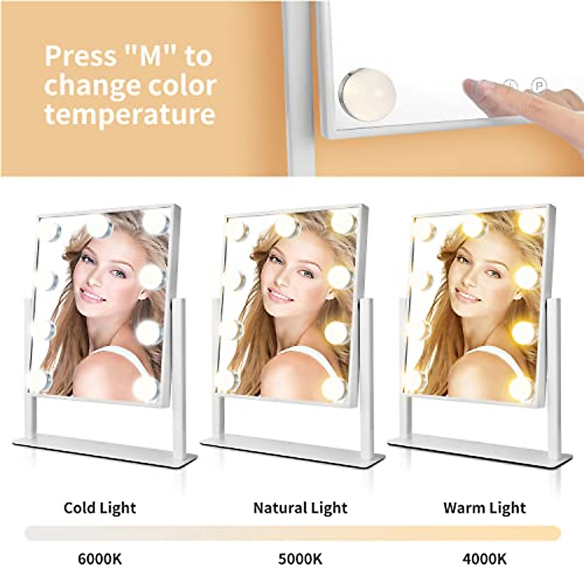 MiroFan Vanity Mirror with Lights Hollywood Mirror Lighted Makeup Mirror with Dimmable&3 Color Modes Lights, 9 LED Bulbles with Detachable 10X Magnification Mirror Lighted Makeup Mirror