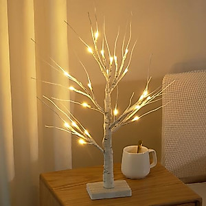 hogardeck 2FT 24LT Led Lighted Birch Tree, White Money Artificial Tree for Christmas Decorations Indoor, Battery Powered Timer Xmas Winter Home Wedding Mantle Desk Table Top Centerpieces Decor