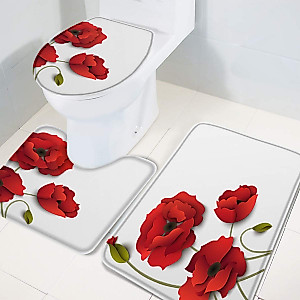 EZON-CH 3pcs Bath Rug Set Memory Foam Non-Slip Bathroom Rug Contour,Mat and Toilet Lid Cover,Red Poppy Flower Pattern Bathroom Rugs,18"x30"+14"x18"+15"x18"