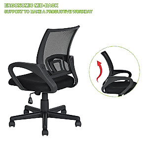 Geniqua Ergonomic Mid Back Support Mesh Computer Task Chair Adjustable Height Rolling Swivel for Work, Home Office, Black