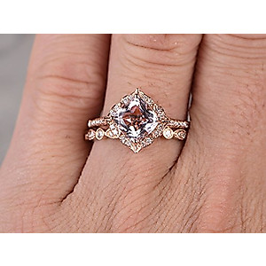 2pcs Morganite Bridal Ring Set,Engagement Ring Rose Gold,Diamond Wedding Band,14k,7mm Cushion Cut,Promise Ring,Retro Vintage Floral,Art Deco