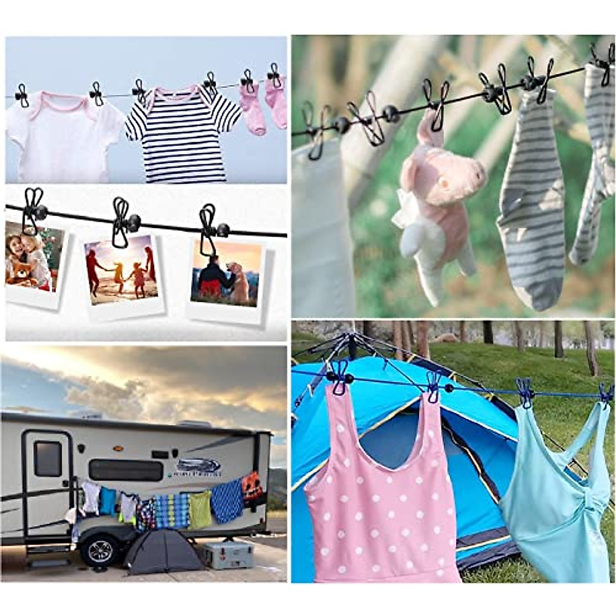 XINHUISHQZ Portable Clothesline with 12 Clothespins, Windproof Travel Clothesline Stretchy Retractable Elastic Laundry Clothes Line for Backyard, Hotel, Outdoor and Indoor Use (1Pack Black)