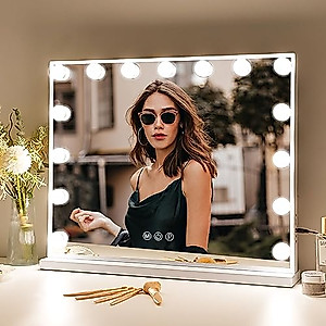 Fenair Vanity Mirror with Lights 22.8"x 18.1" Makeup Mirror with Lights and 15 Dimmable Bulbs,3 Colors Modes,Hollywood Mirror with USB Charging Port and 10X Detachable Magnification Mirror
