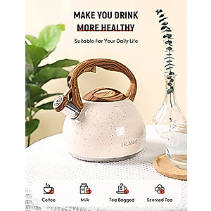 Tea Kettle, 2.7 Quart BELANKO Teapot for Stovetops Wood Pattern Handle with Loud Whistle Food Grade Stainless Steel Tea Pot Water Kettle - Cream White